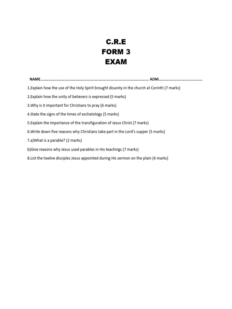 Form Three CRE Set 1 QS | PDF
