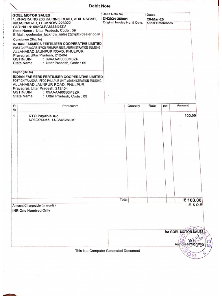 Rto Debit Note | PDF