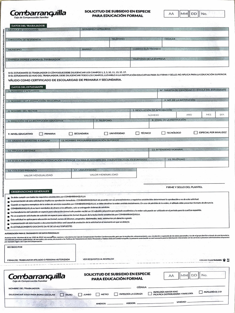 Solicitud Subsidio Educativo COMBARRANQUILLA | PDF