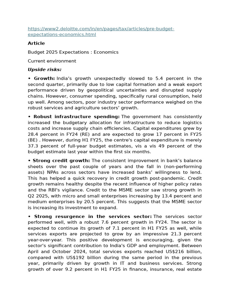 Budget 2025 Expectations Economics | PDF | Inflation | Infrastructure