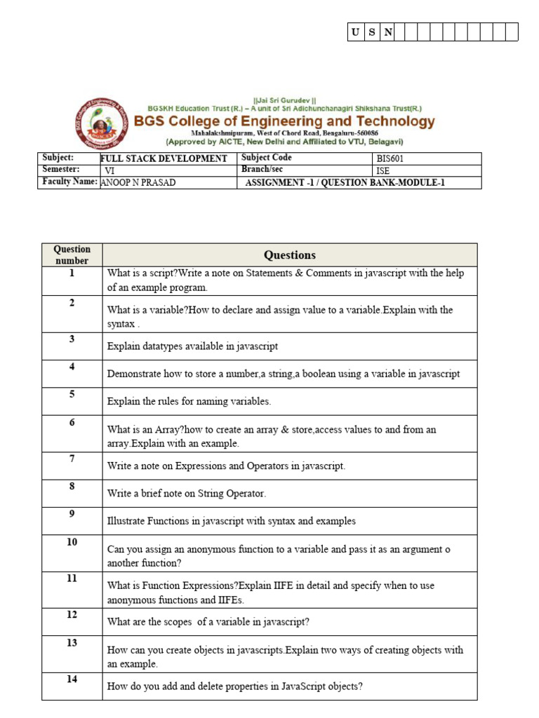 FSD Question Bank Module 1 Bis601 | PDF | Java Script | Anonymous Function