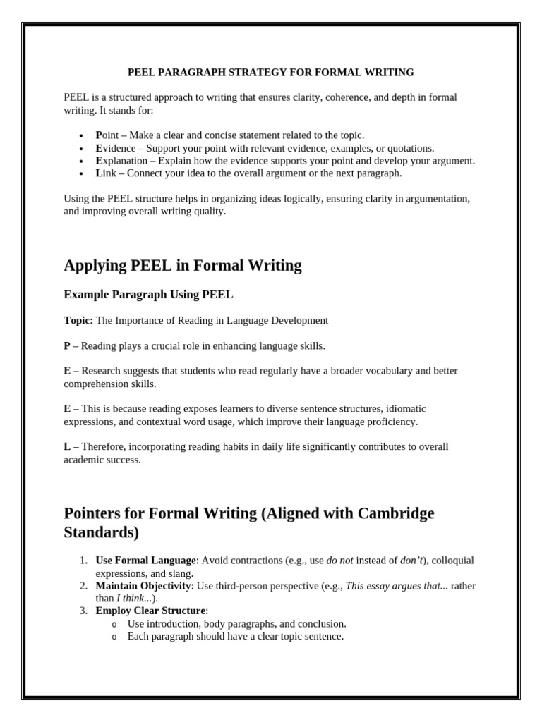 PEEL PARAGRAPH STRATEGY FOR FORMAL WRITING | PDF | Argument | Reading Comprehension