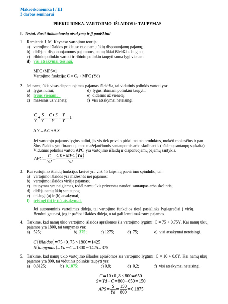 3 Darbas Seminarui. Vartojimo Išlaidos Ir Taupymas. J.M. Keyneso Vartojimo Išlaidų Teorija | PDF