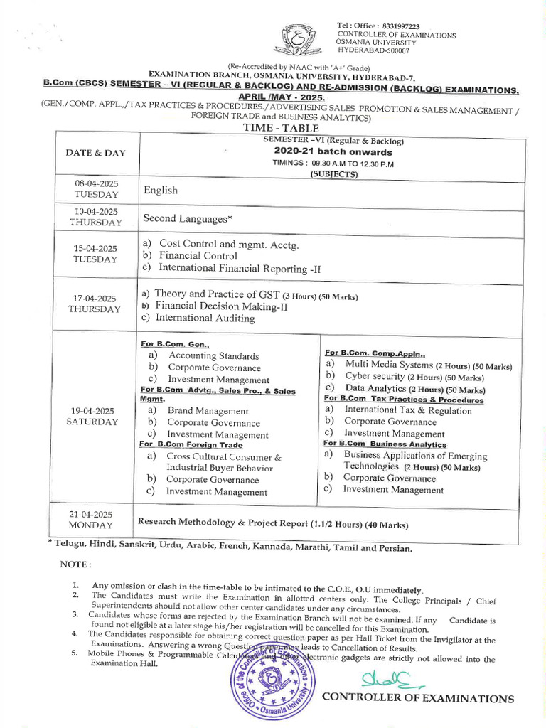 OU B.Com IV, VI, I, II Sem Exams Time Tables April 2025 | PDF