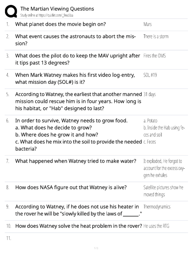 The Martian Viewing Questions and Answers | PDF