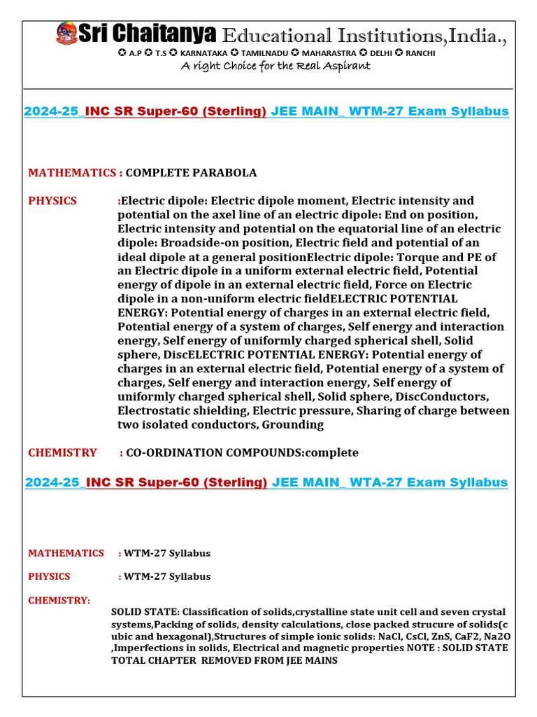 2025-26 - INC SR SUPER-60 (Sterling) - JEE MAIN WTM-27 & ADVANCED WTA-27 - Exam Syllabus (29 ...