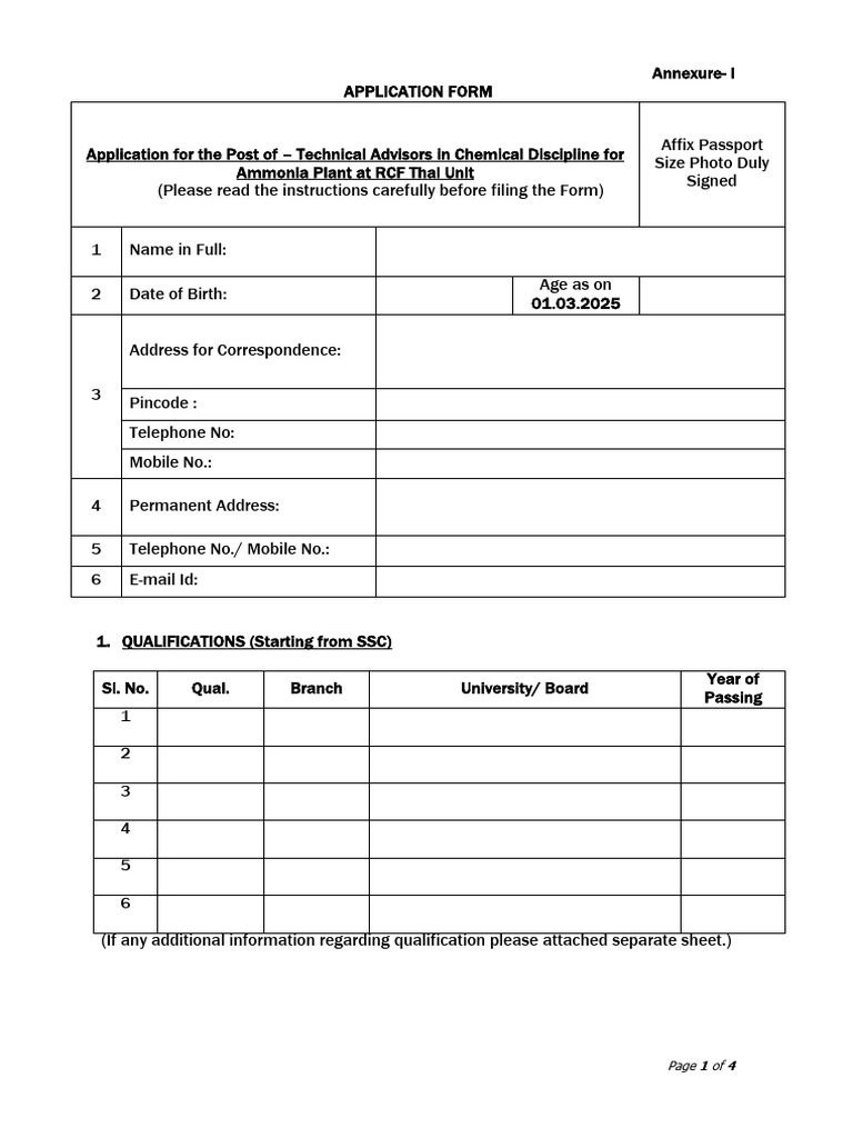 Annexure I English Application Form (Advisor-Ammonia) | PDF