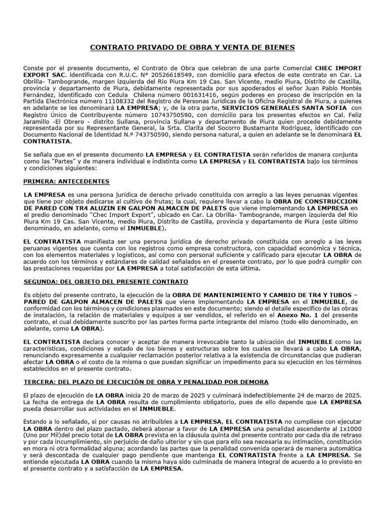 Contrato de Obra - Chec - Santa Sofia | PDF | Daños y perjuicios | Business