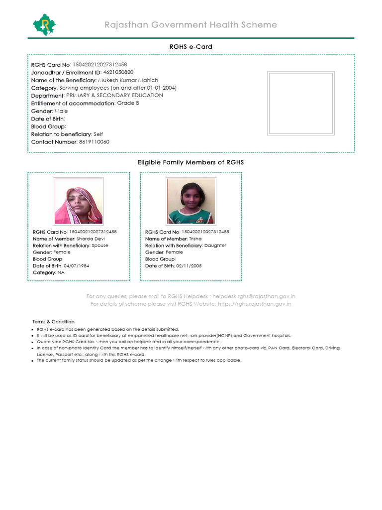 Rajasthan RGHS Health Scheme e-Card | PDF