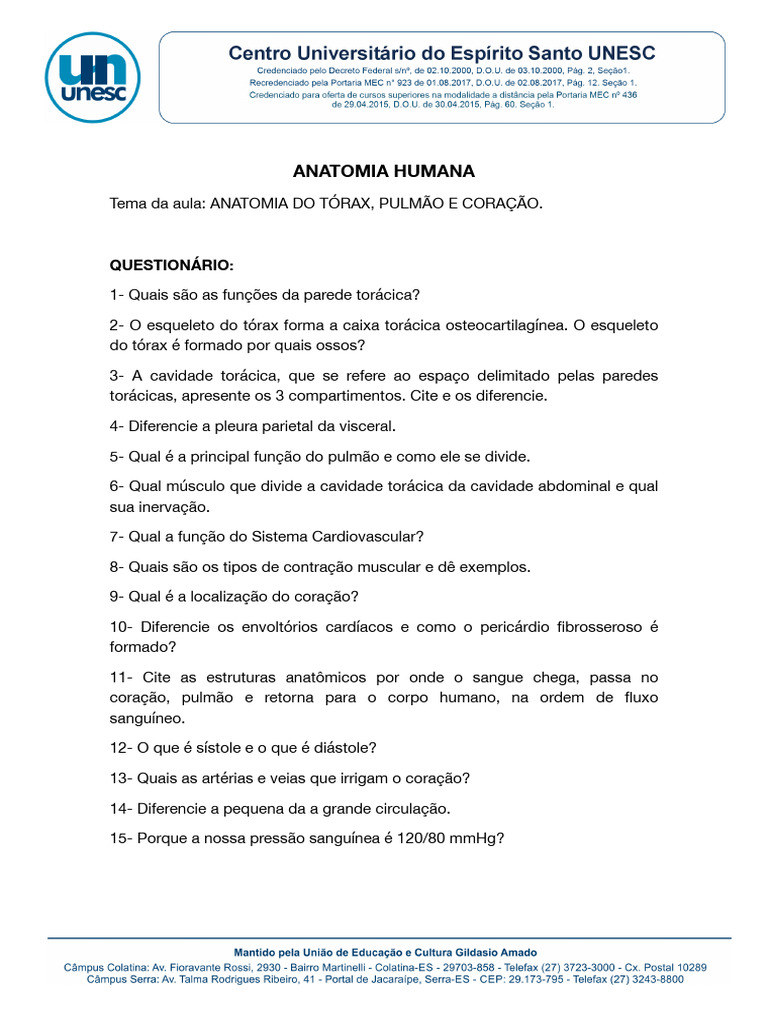 Tórax, Pulmão e Coração Exercícios - Anatomia | PDF