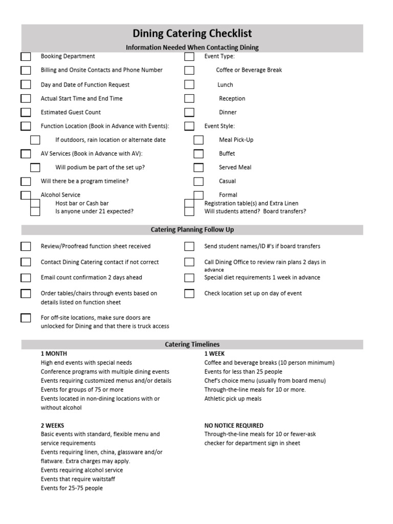 Catering Event Planning Checklist | PDF | Restaurants | Menu