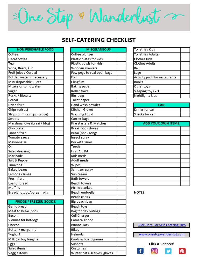 Self-Catering Checklist Template | PDF | Potato Chip | Food And Drink ...