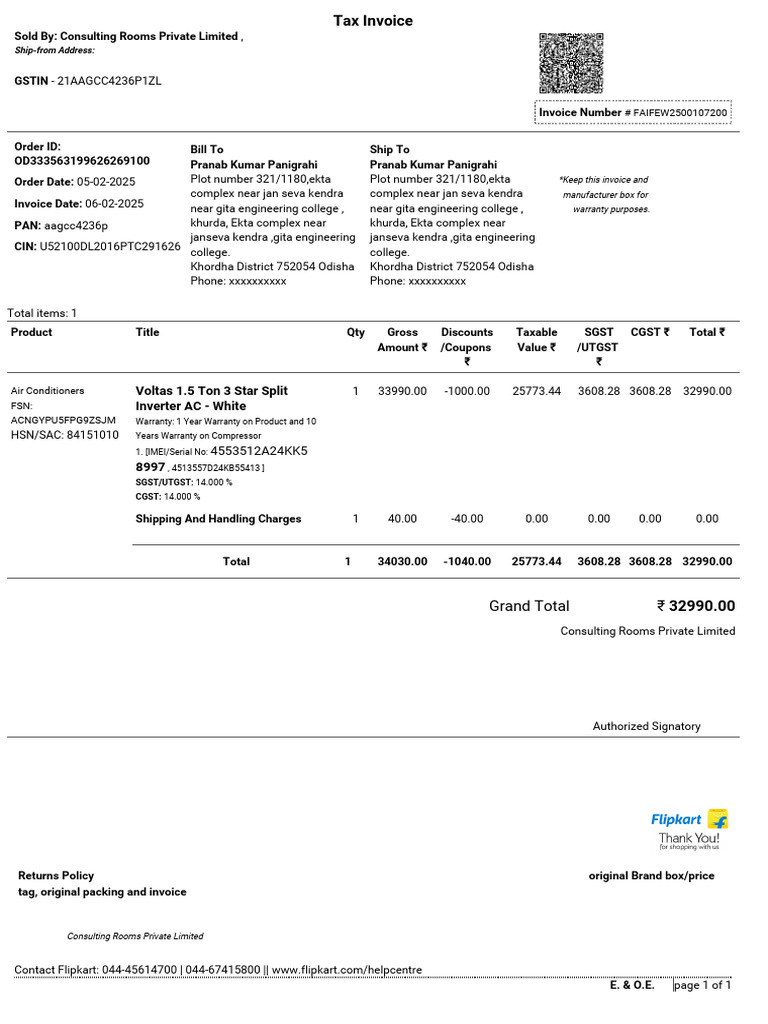 Invoice for Voltas 1.5 Ton AC Purchase | PDF | Government Finances | Taxes
