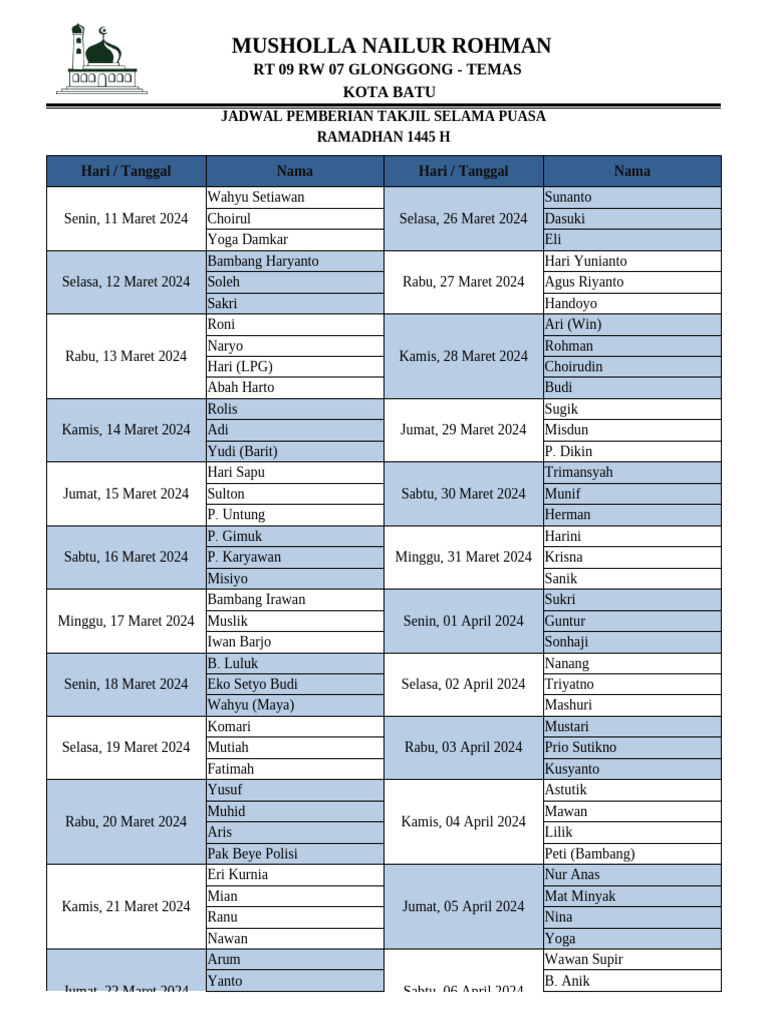 Jadwal Imam Bilal | PDF