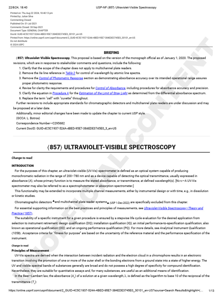 USP-NF 857 Ultraviolet-Visible Spectros | PDF | Ultraviolet–Visible Spectroscopy | Absorbance