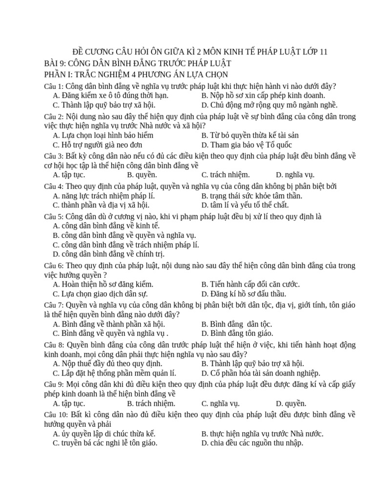 KTPL 11 - CÂU HỎI GK2 | PDF