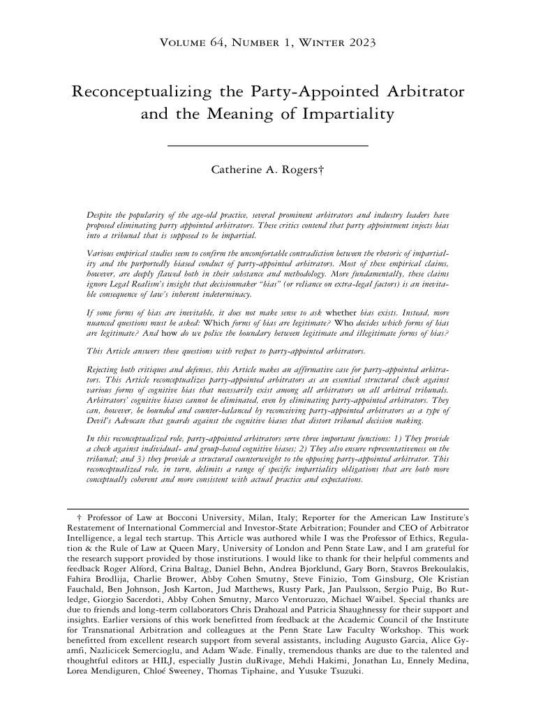 Catherine Rogers. Reconceptualizing The Party-Appointed Arbitrator and ...