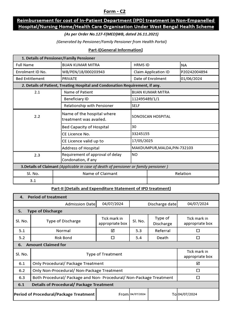IPD Treatment Reimbursement Claim Form | PDF | Hospital | Patient