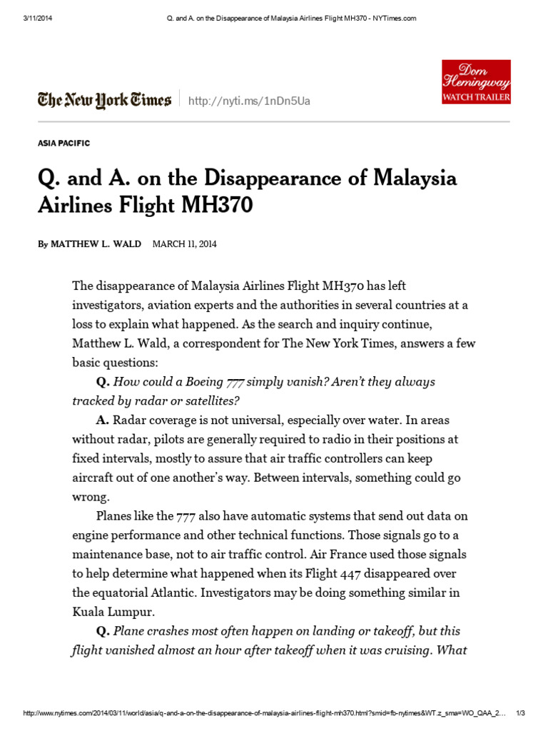 Q. and A. On The Disappearance of Malaysia Airlines Flight MH370 ...