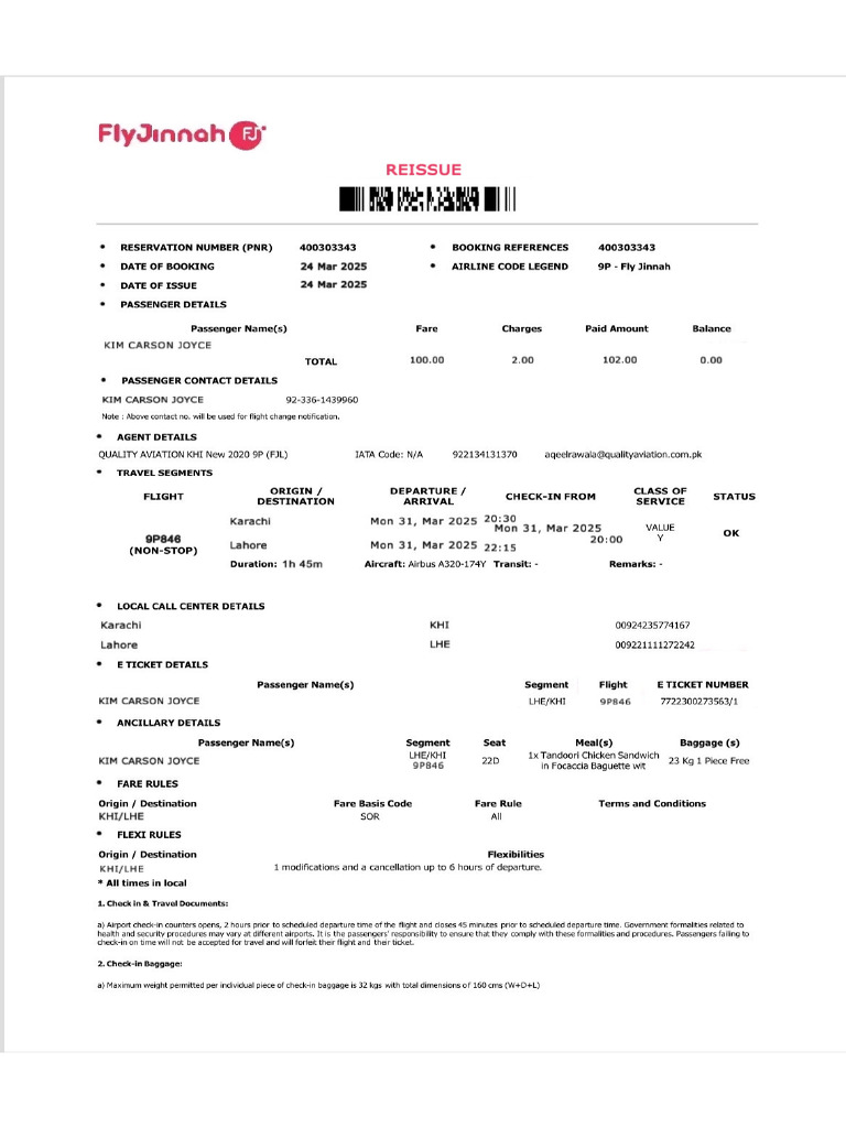 Fly Jinnah Reissue Flight Confirmed | PDF