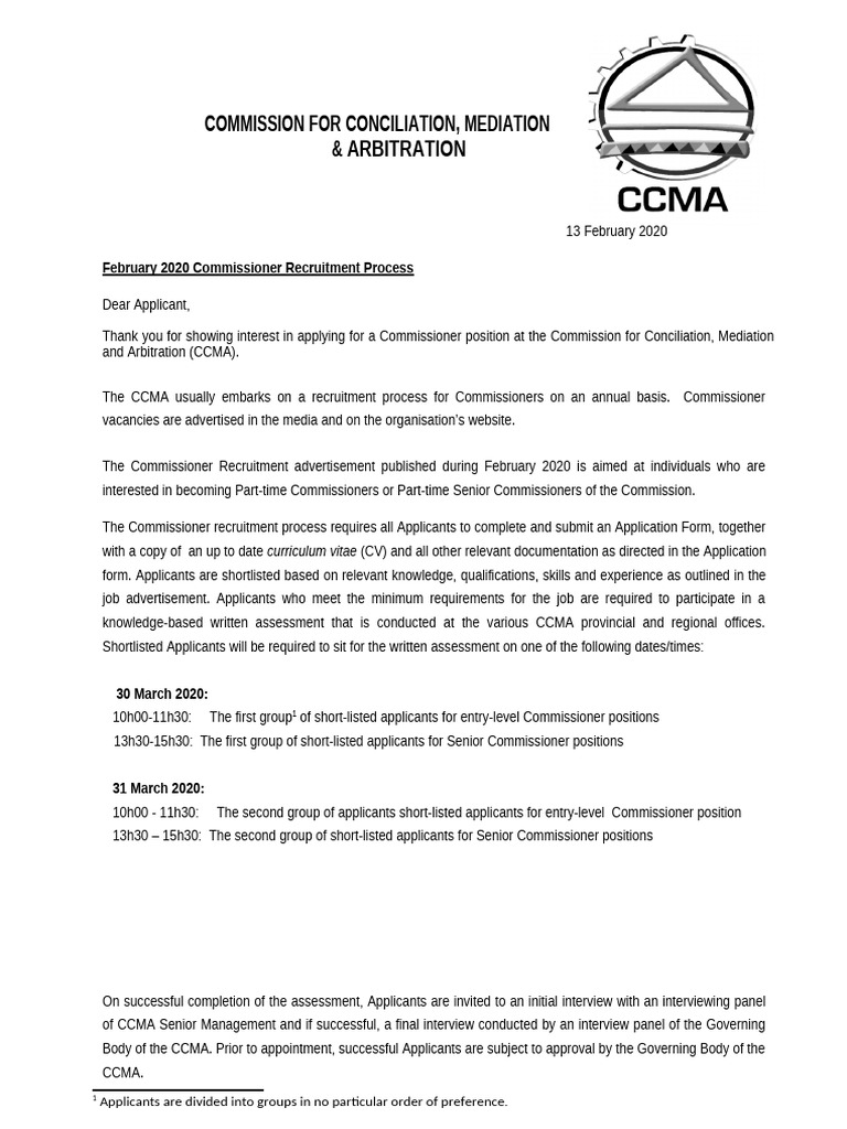 CCMA Commissioner Recruitment Guide | PDF | Diploma | Mediation