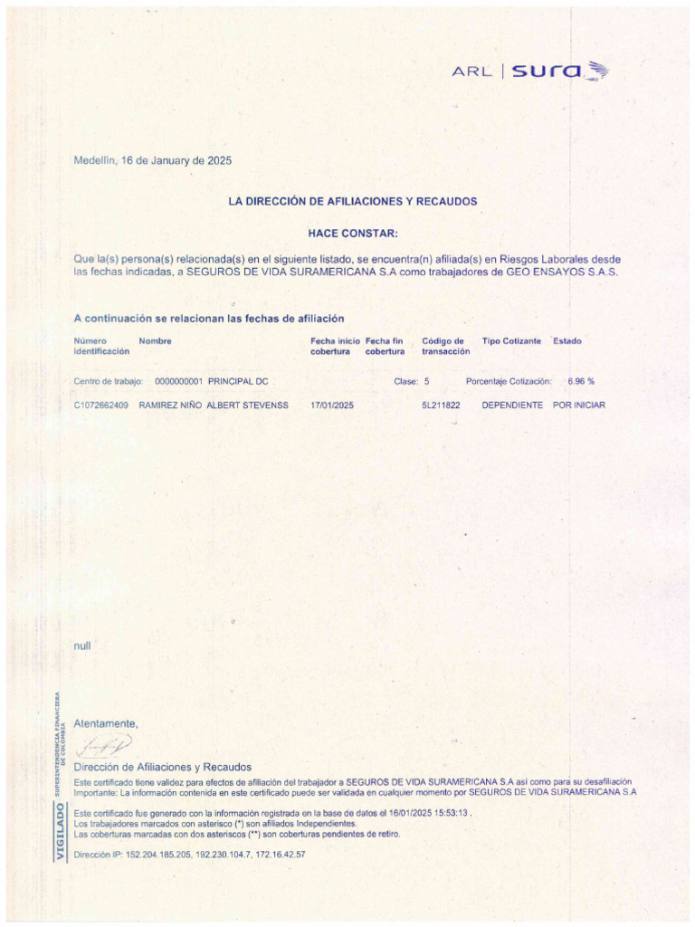 Certificado Afiliación Albert Ramirez | PDF