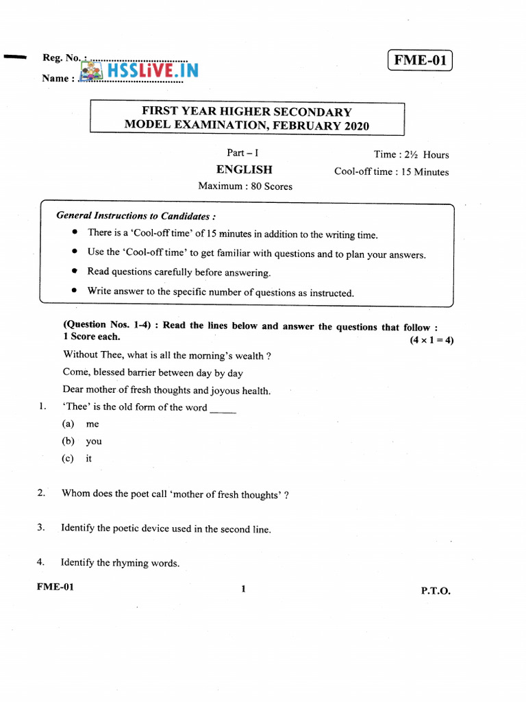 Hsslive Xi English Model 2020 | PDF