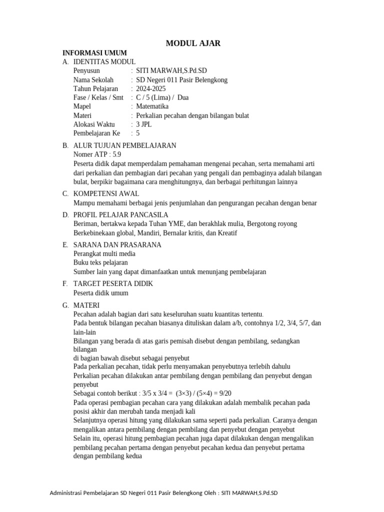 Ma Mtk Observasi Kls 5 Sem 2 Siti Marwah,s.pd.Sd | PDF