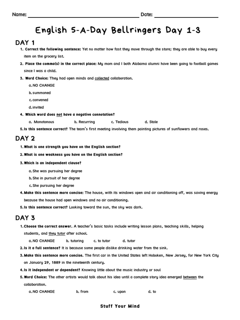 English Bellringers: Punctuation & Grammar | PDF | Subject (Grammar ...