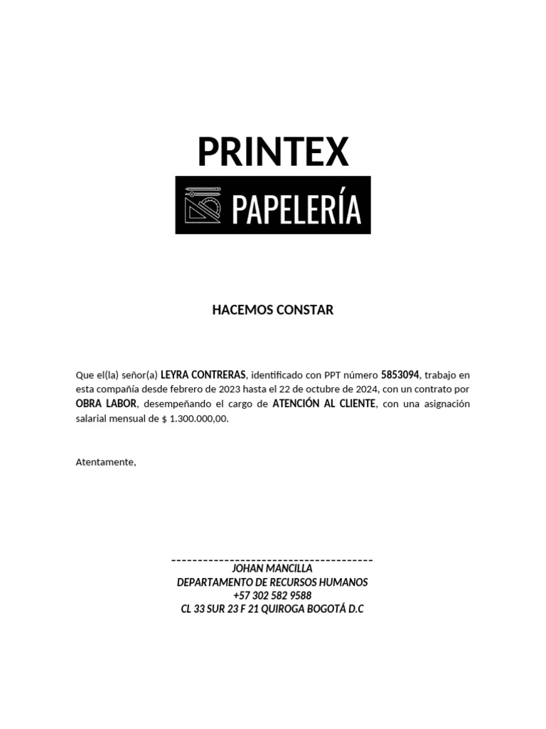 CERTIFICADO LABORAL PRINTEX | PDF