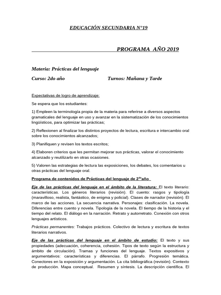 Programa- EES N°19 2°. 2019 | PDF | Verbo | Pronombre