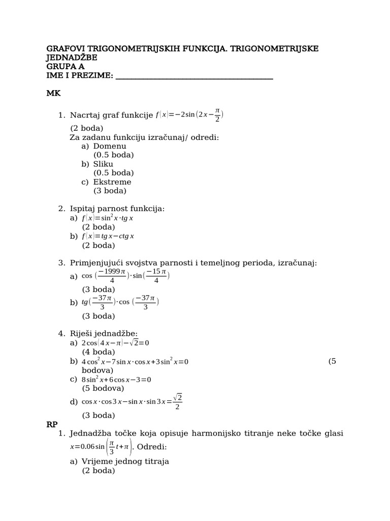 Grafovi Trigonometrijskih Funkcija. Trigonometrijske Jednadžbe | PDF