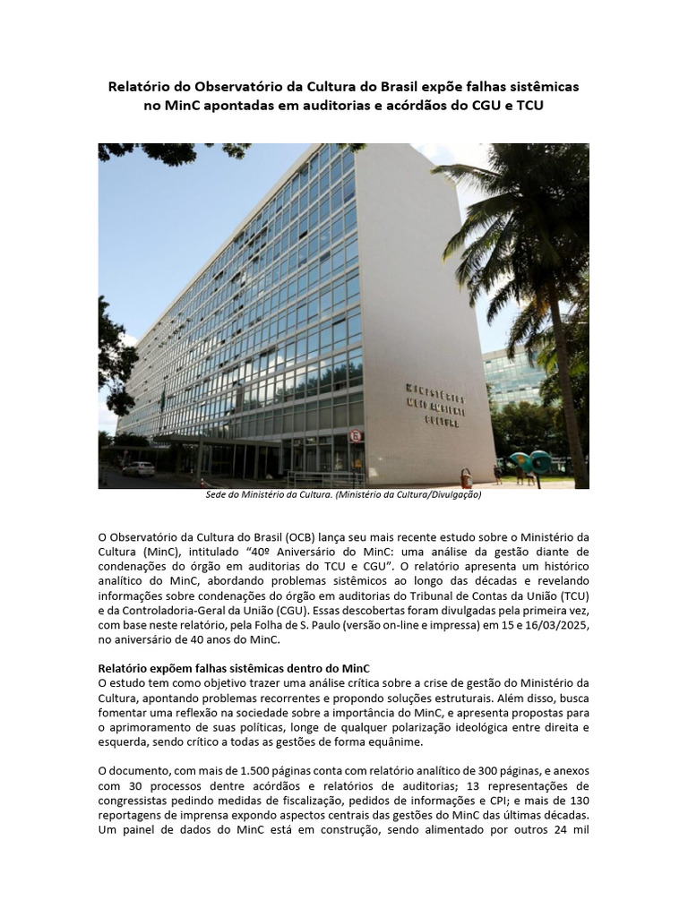 Release Relatório OCB 40 Anos MinC | PDF | Brasil