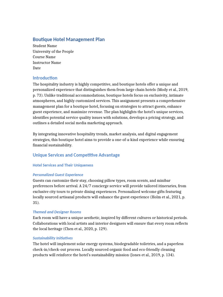 Boutique Hotel Management Plan | PDF | Pricing | Hotel