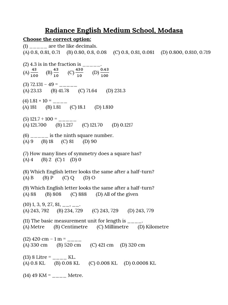 STD-5 WorkSheet FA-2 2024-25 | PDF | Units Of Measurement | Mathematics
