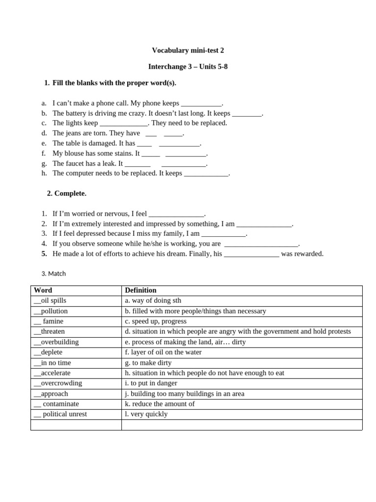 Vocabulary mini test 2 | PDF
