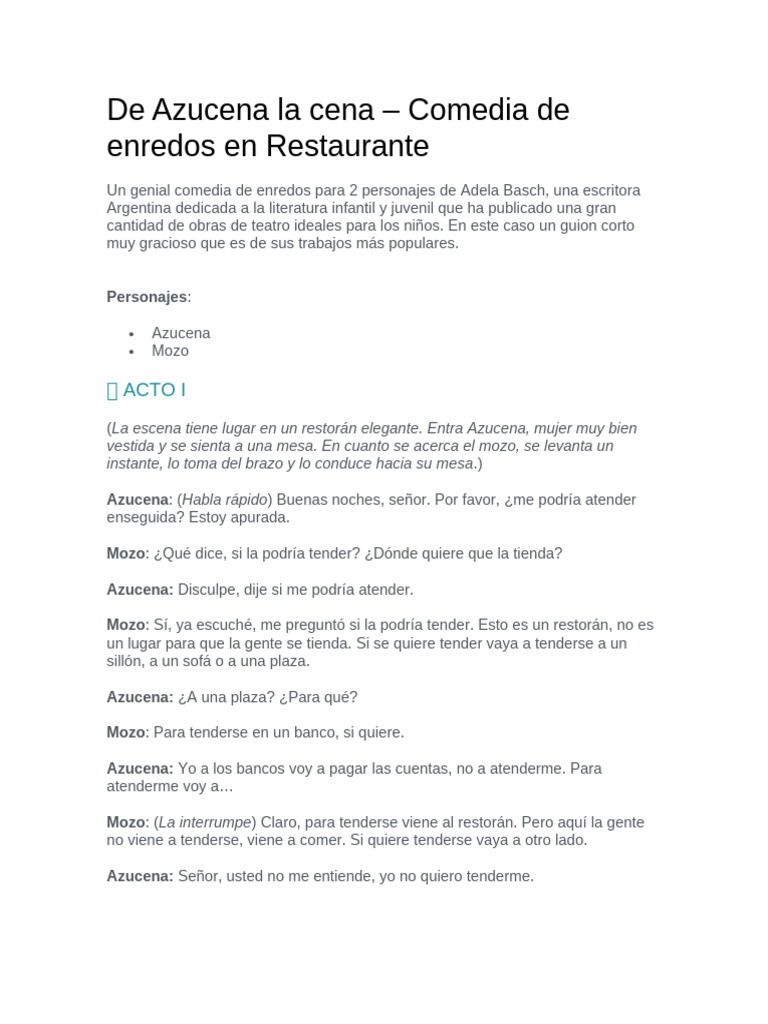 La cena de Azucena: Comedia de enredos | PDF