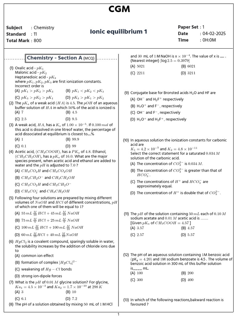 Ionic Equilibrium 1 1738665263 | PDF | Acid | Acid Dissociation Constant