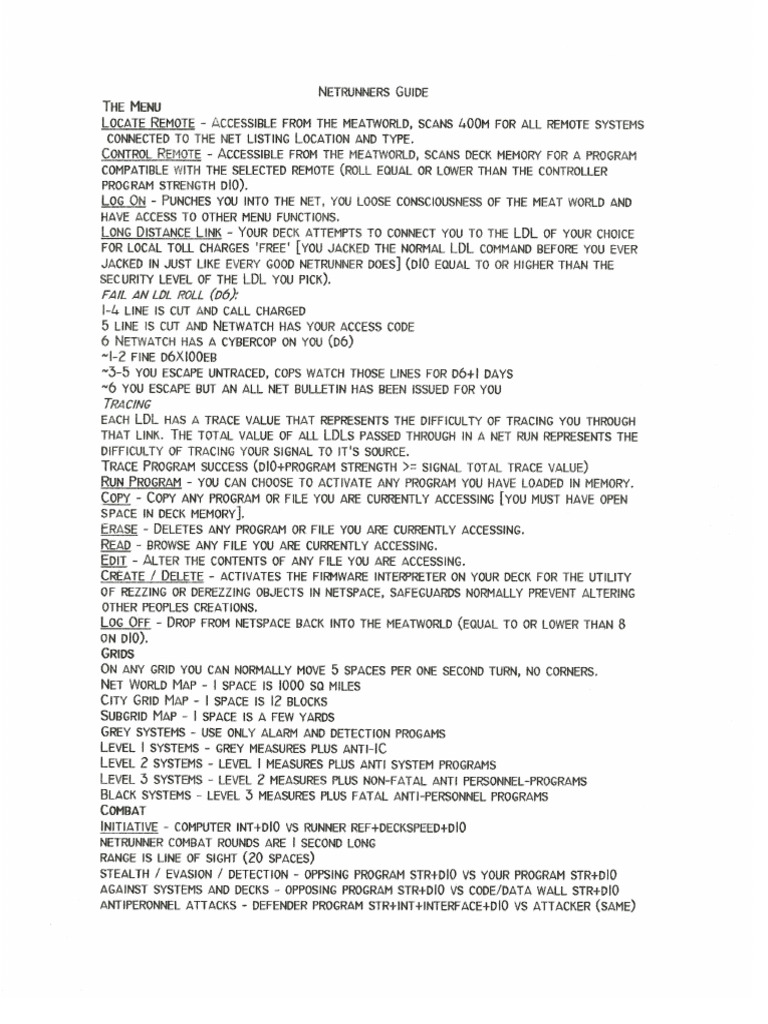 Netrunner Quick 1 Page Guide - Cyberpunk 2020 | PDF