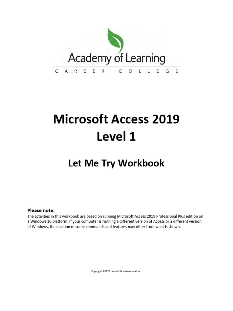 Access 2019 - Level 1 - Let Me Try Workbook - AOLCC | PDF | Microsoft Access | Computer Keyboard