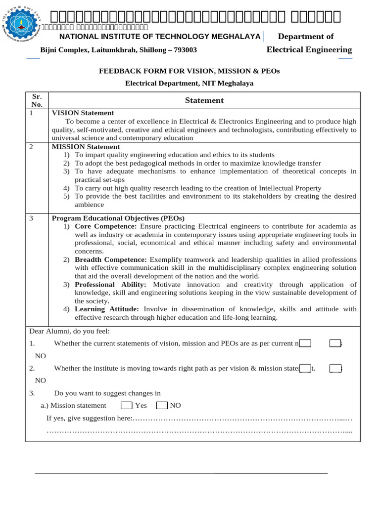 Vision - Mission - PEO - Feedback Form - EE | PDF | Engineering ...
