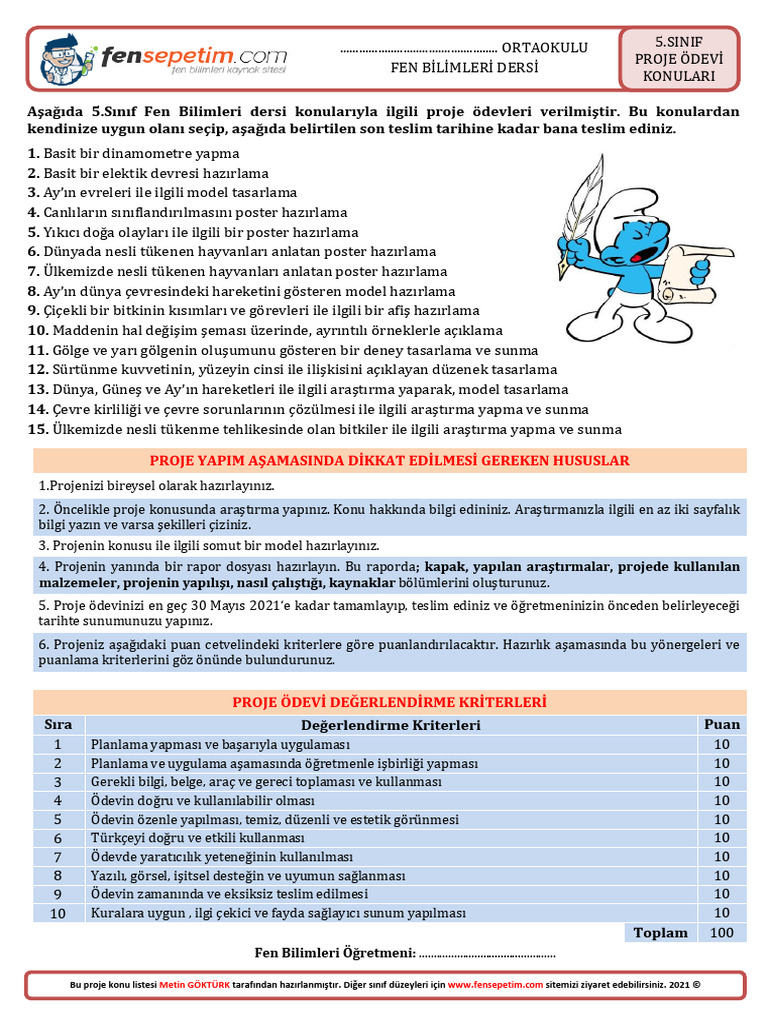 5.sınıf FEN Dersi Proje Ödevi Konuları | PDF