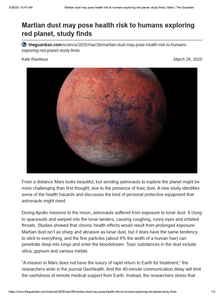 Martian Dust May Pose Health Risk To Humans Exploring Red Planet, Study ...