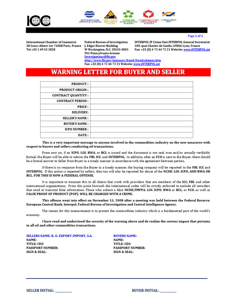 ICC Warning Letter for Buyers/Sellers | PDF | Federal Bureau Of ...