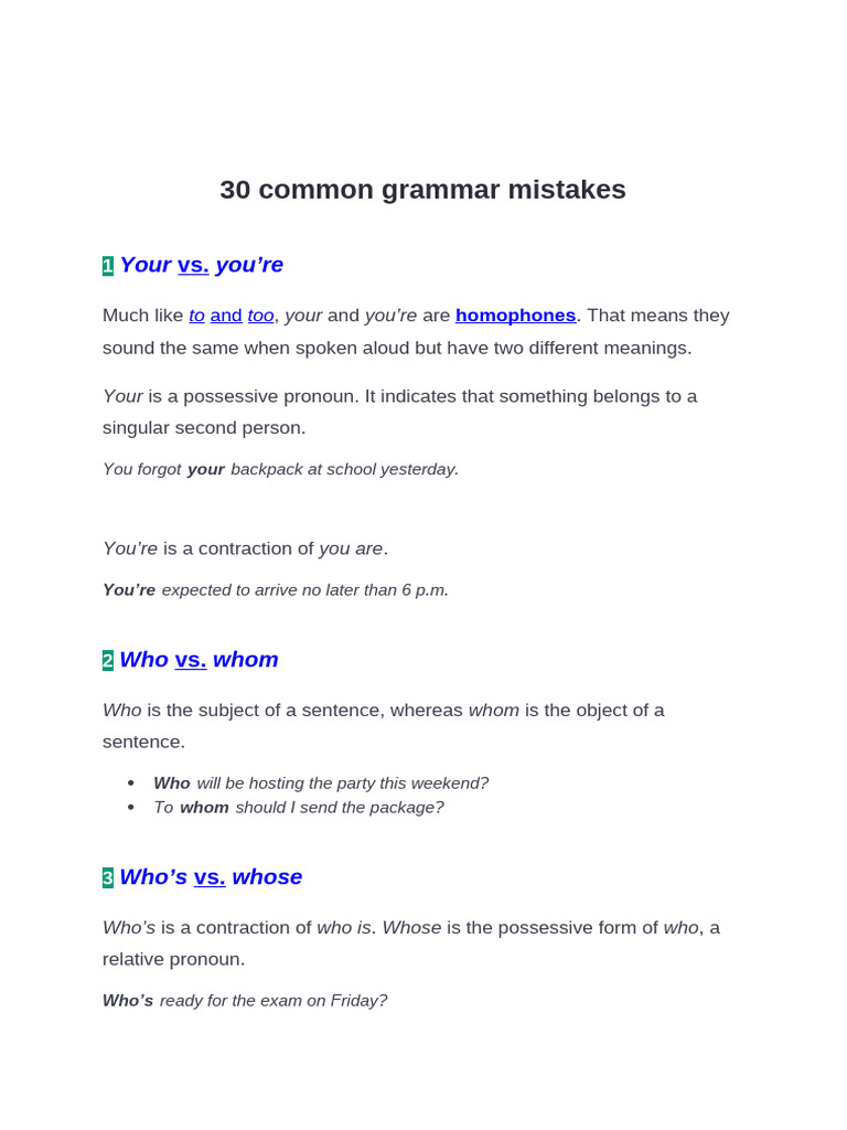 30 Common Grammar Mistakes Explained | PDF | Grammatical Number | Verb