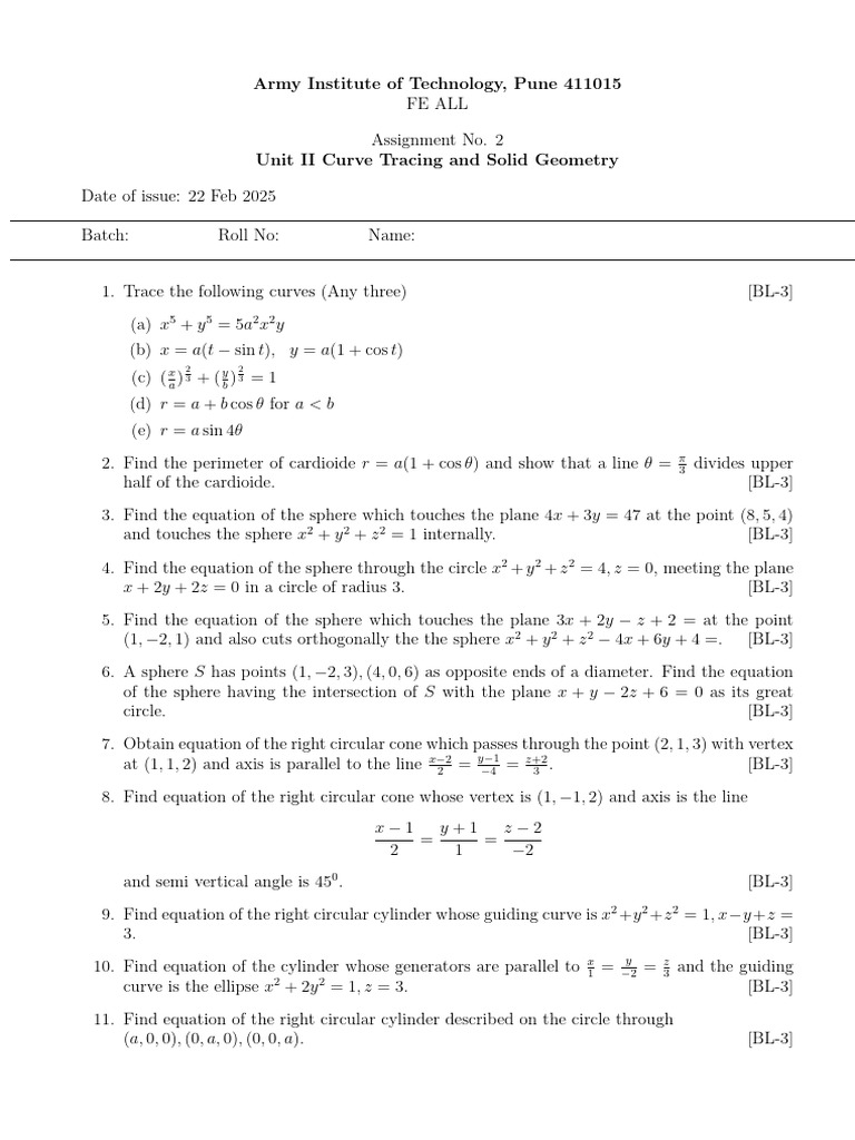 M - II - Assignments No 2 (Curve Tracing and Solid Geometry) | PDF | Geometry