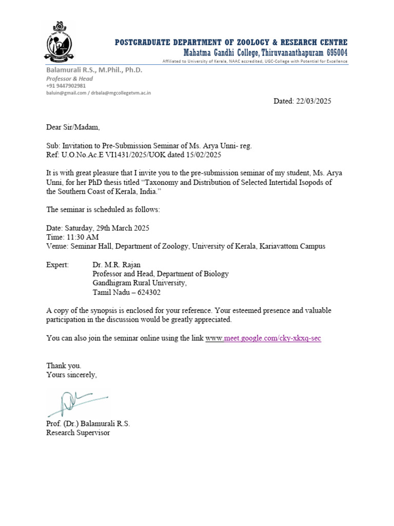 Arya Unni Pre-Submission Invitation | PDF | Phylogenetics | Species