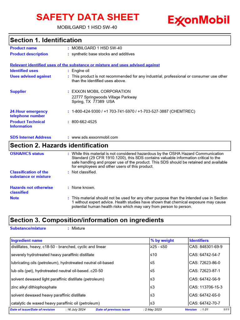 Mobilgard 1 HSD 5W-40 (MSDS) | PDF | Toxicity | Waste Management