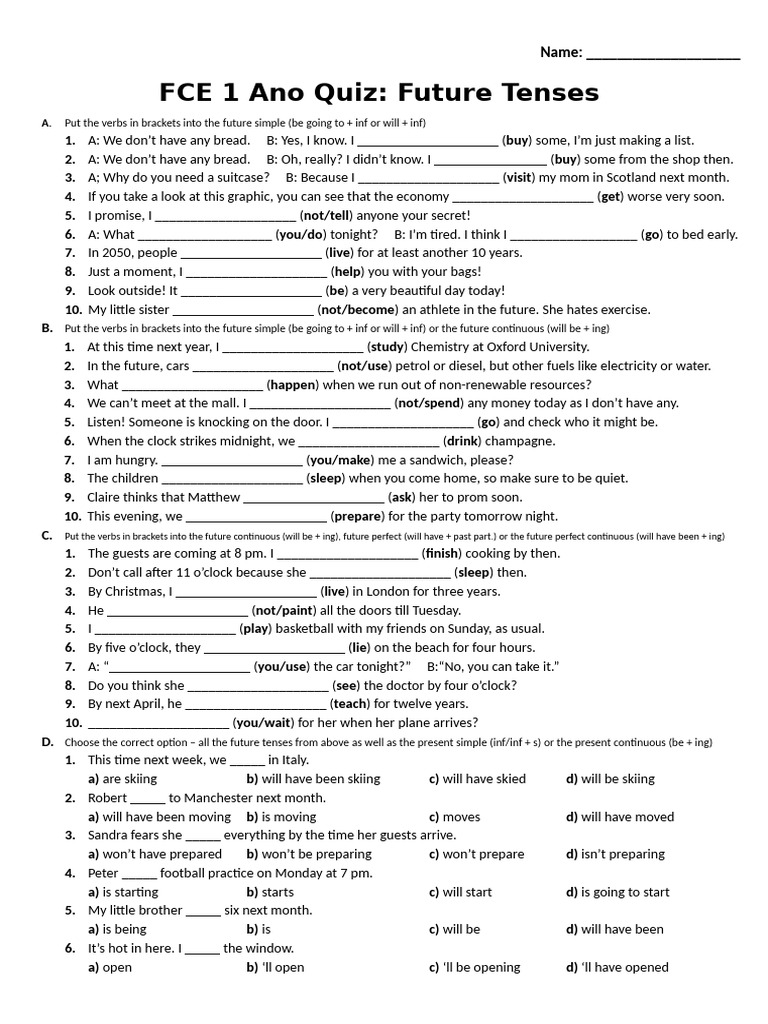 FCE 1 Ano Quiz - Future Tenses (New) | PDF
