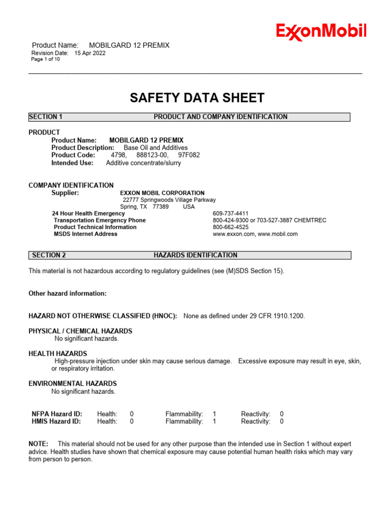 Mobilgard 12 Premix (MSDS) | PDF | Safety | Occupational Safety And Health